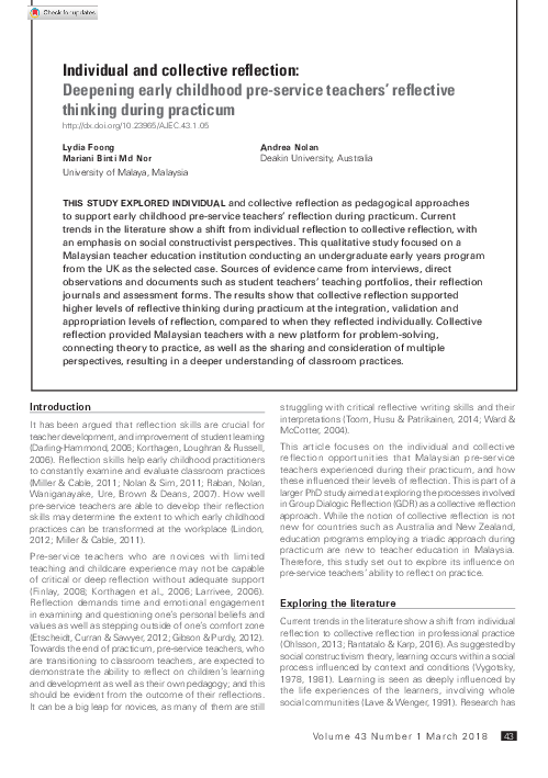 (PDF) Individual and Collective Reflection: Deepening Early Childhood Pre-service Teachers ...