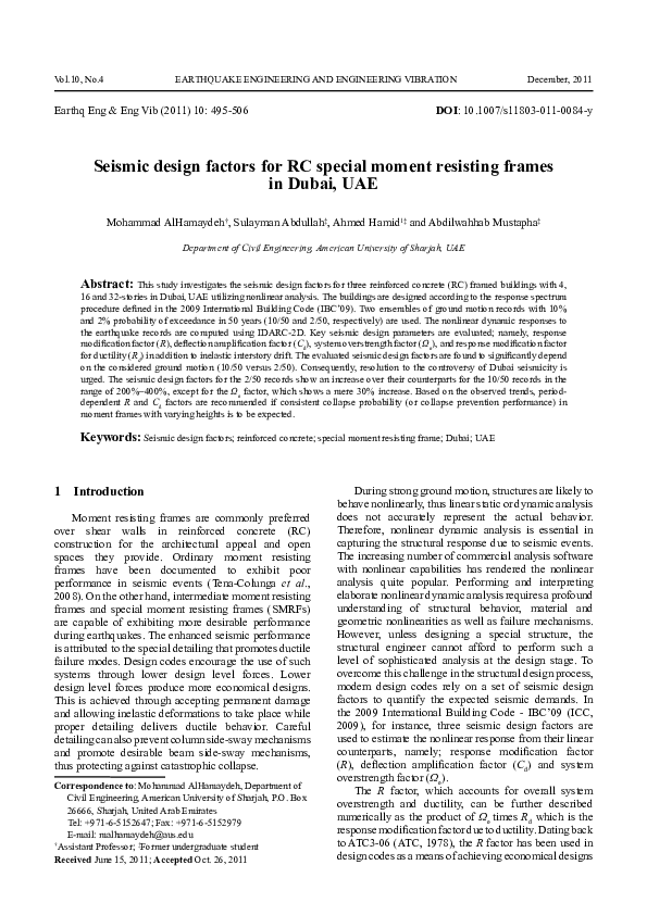 Pdf Seismic Design Factors For Rc Special Moment Resisting Frames In Dubai Uae