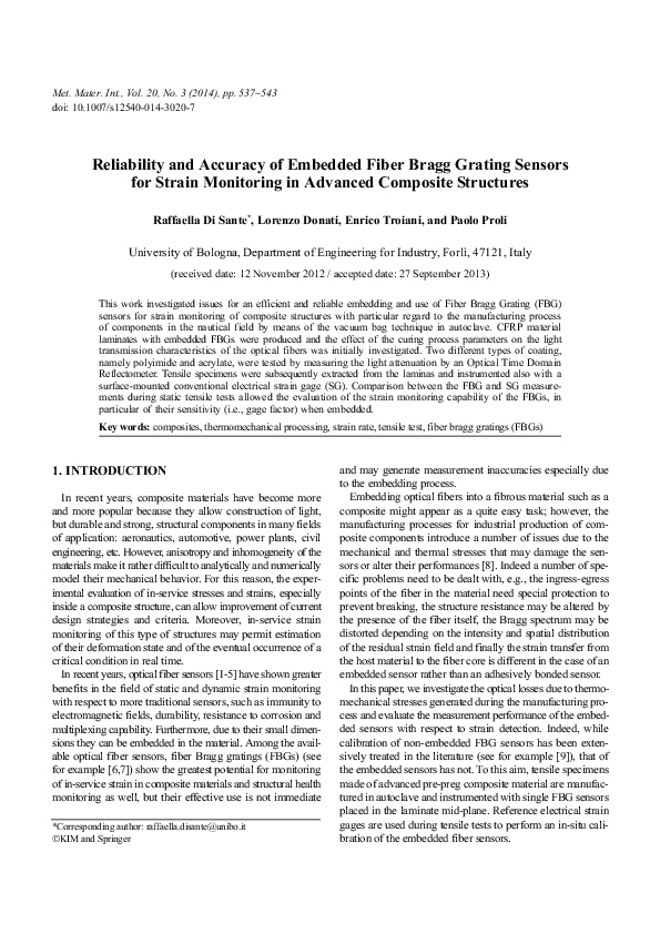 Pdf Reliability And Accuracy Of Embedded Fiber Bragg Grating Sensors For Strain Monitoring In