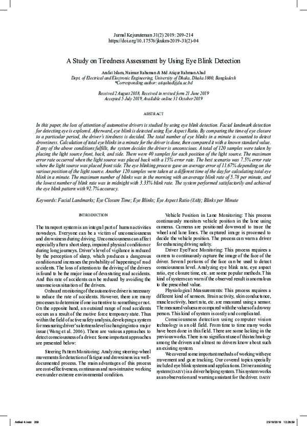 (PDF) A Study on Tiredness Assessment by Using Eye Blink Detection