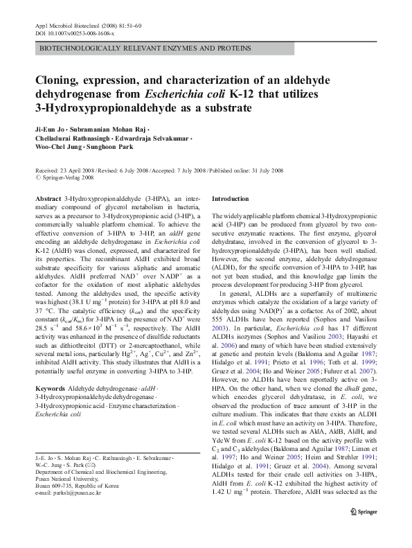 (PDF) Cloning, expression, and characterization of an aldehyde ...