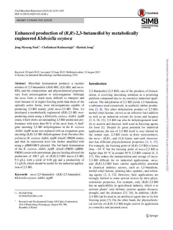 (PDF) Enhanced production of (R,R)-2,3-butanediol by metabolically engineered Klebsiella oxytoca