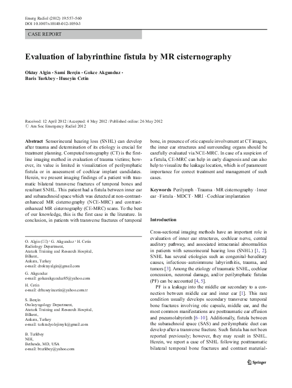 (PDF) Evaluation of labyrinthine fistula by MR cisternography