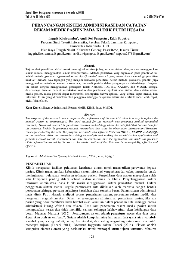 (PDF) Perancangan Sistem Administrasi dan Catatan Rekam Medik Pasien pada Klinik Putri Husada ...