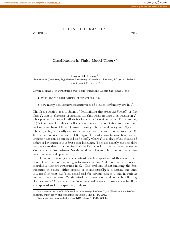 Pdf Classification In Finite Model Theory