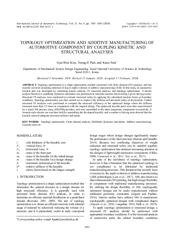 Pdf Topology Optimization And Additive Manufacturing Comparison Of Conception Methods Using