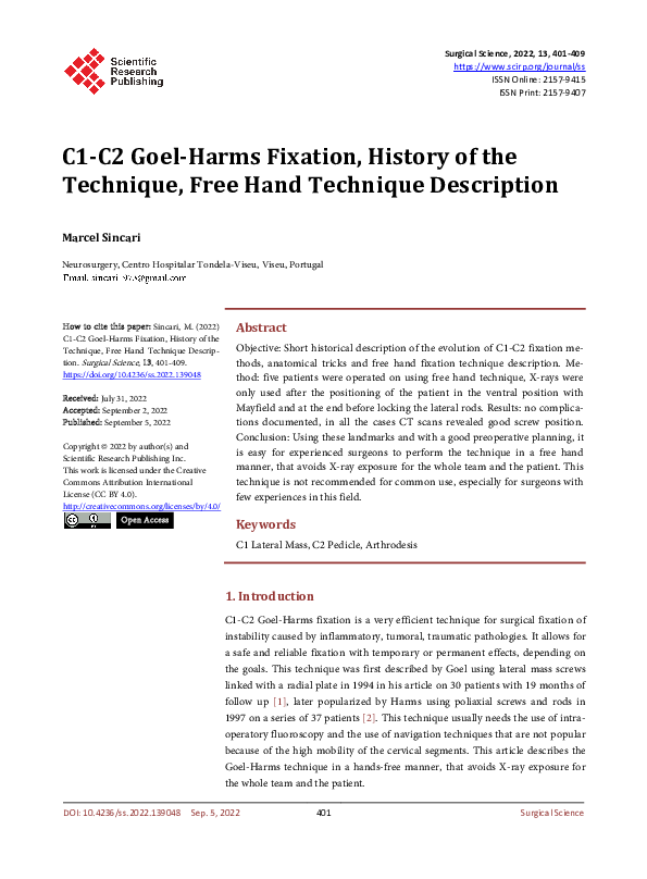 (PDF) C1-C2 Goel-Harms Fixation, History of the Technique, Free Hand ...