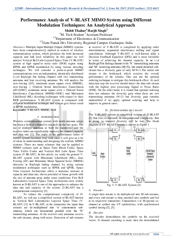 Pdf Performance Analysis Of V Blast Mimo System Using Different Modulation Techniques An 5766