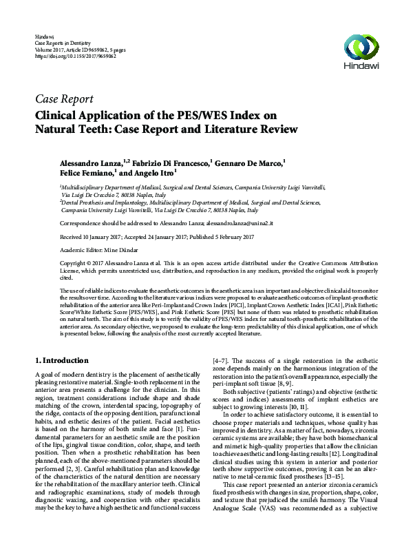 (PDF) Clinical Application of the PES/WES Index on Natural Teeth: Case ...