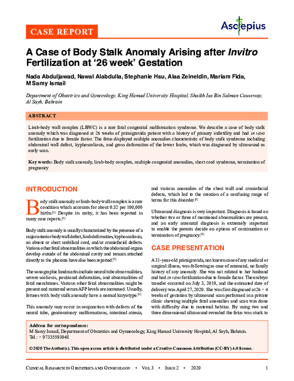 (PDF) A Case of Body Stalk Anomaly Arising after Invitro Fertilization ...