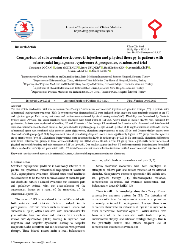 Pdf Comparison Of Subacromial Corticosteroid Injection And Physical Therapy In Patients With