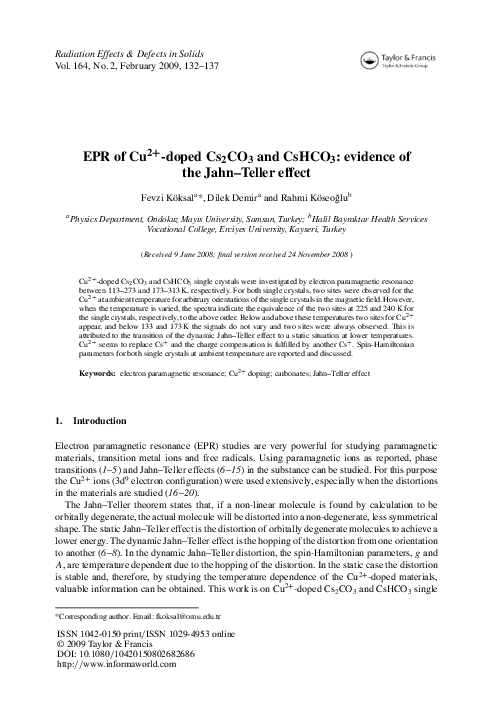 (PDF) EPR of Cu 2+ -doped Cs 2 CO 3 and CsHCO 3 : evidence of the Jahn ...