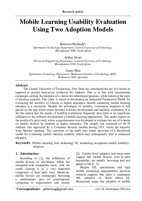 (PDF) Mobile Learning Usability Evaluation Using Two Adoption Models