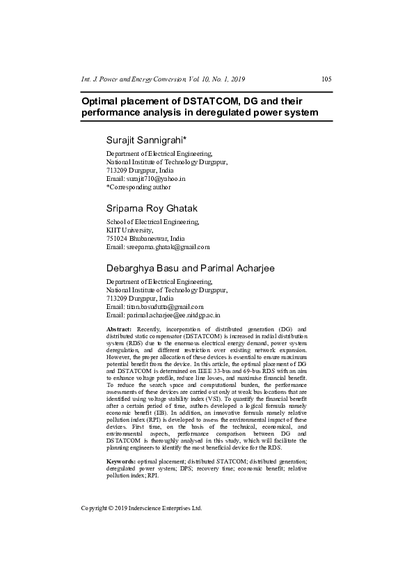 Pdf Optimal Placement Of Dstatcom Dg And Their Performance Analysis