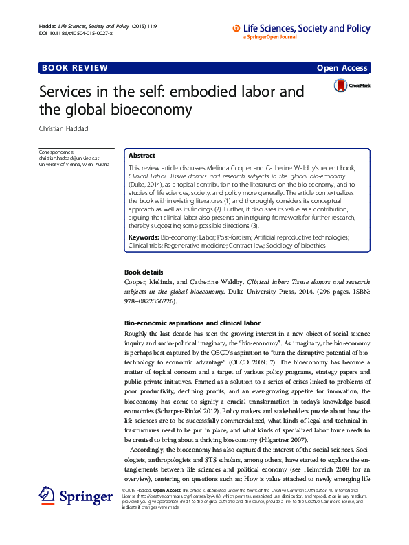 (PDF) Services in the self: embodied labor and the global bioeconomy