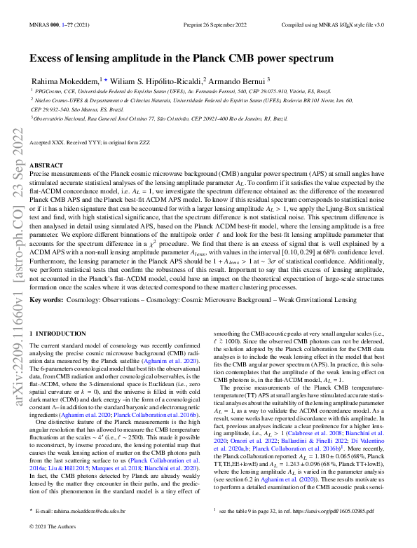 (PDF) Excess of lensing amplitude in the Planck CMB power spectrum
