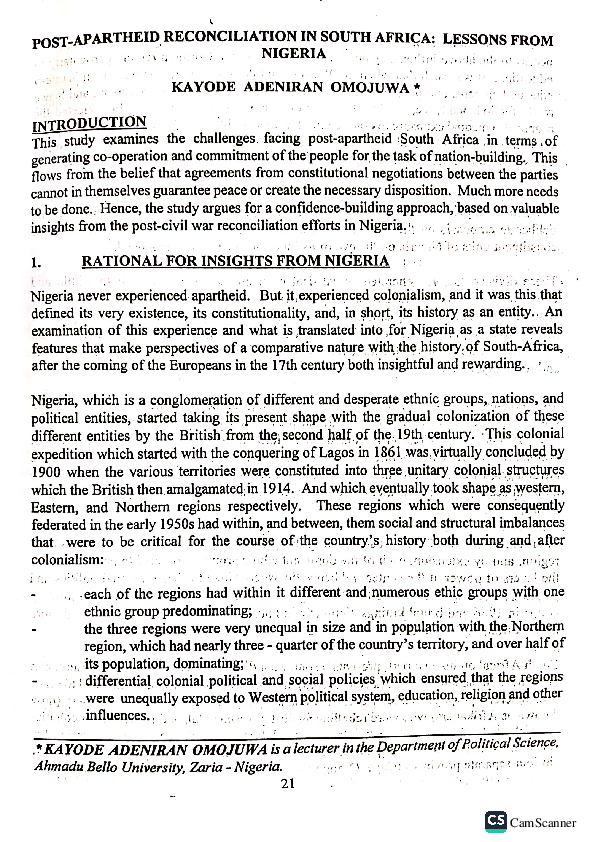 (PDF) Post-Apartheid Reconciliation in South Africa: Lessons from Nigeria
