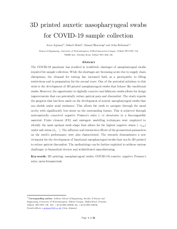(PDF) 3D printed auxetic nasopharyngeal swabs for COVID-19 sample ...