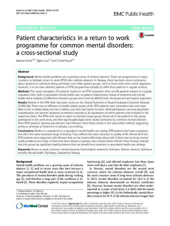 (PDF) Patient characteristics in a return to work programme for common mental disorders: a cross ...