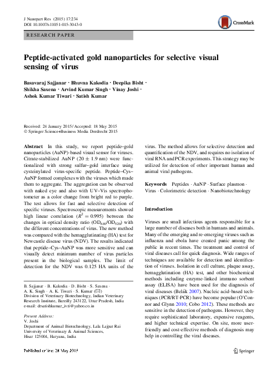 (PDF) Peptide-activated gold nanoparticles for selective visual sensing of virus