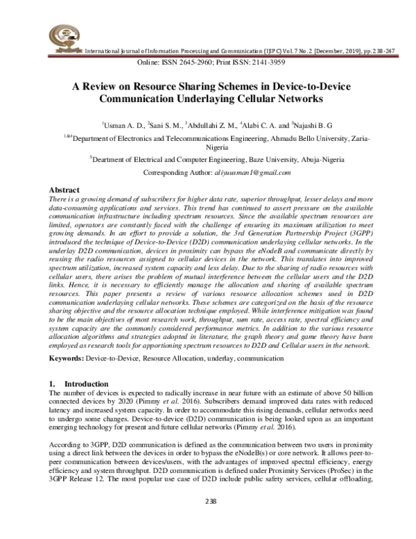 Pdf A Review On Resource Sharing Schemes In Device To Device Communication Underlaying