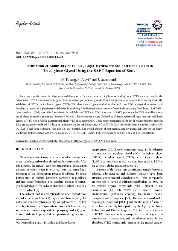 (PDF) Estimation of Solubility of BTEX, Light Hydrocarbons and Sour ...
