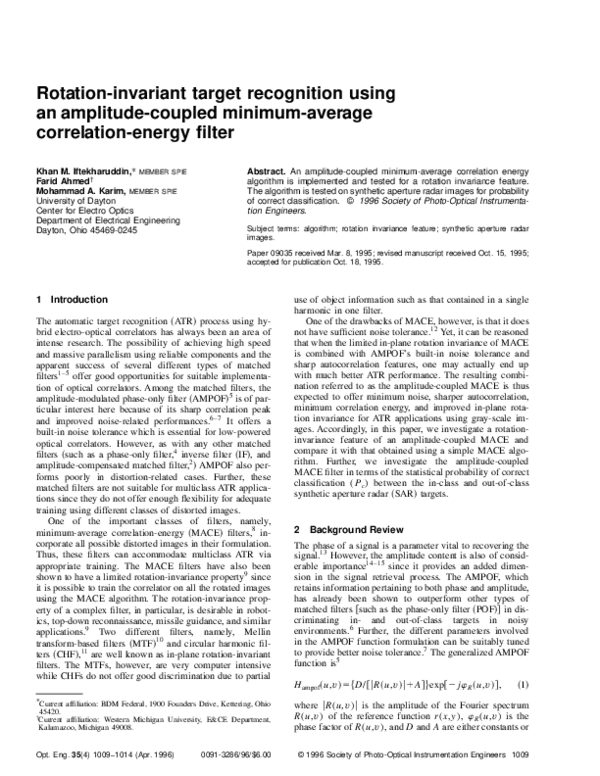 Pdf Rotation‐invariant Target Recognition Using An Amplitude‐coupled Minimum‐average