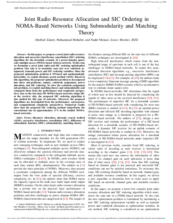 Pdf Joint Radio Resource Allocation And Sic Ordering In Noma Based