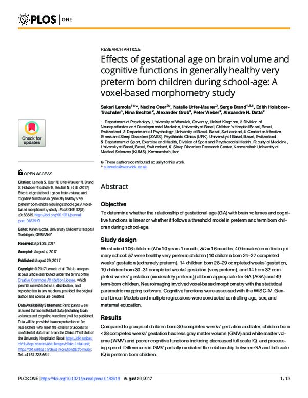 (PDF) Effects of gestational age on brain volume and cognitive ...