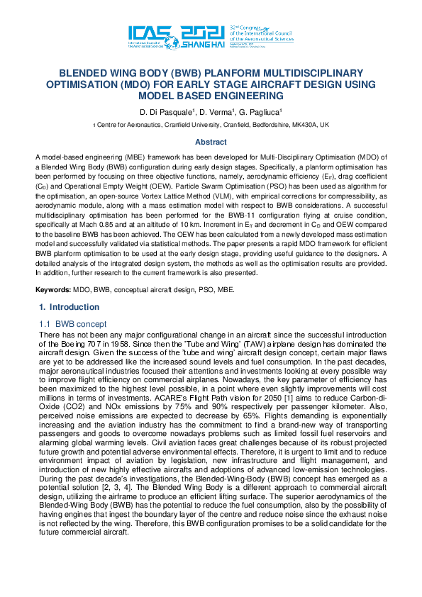 Pdf Blended Wing Body Bwb Planform Multidisciplinary Optimisation Mdo For Early Stage