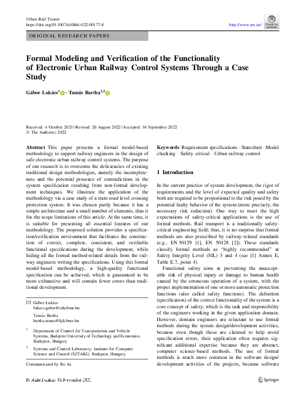 (PDF) Formal Modeling and Verification of the Functionality of Electronic Urban Railway Control ...