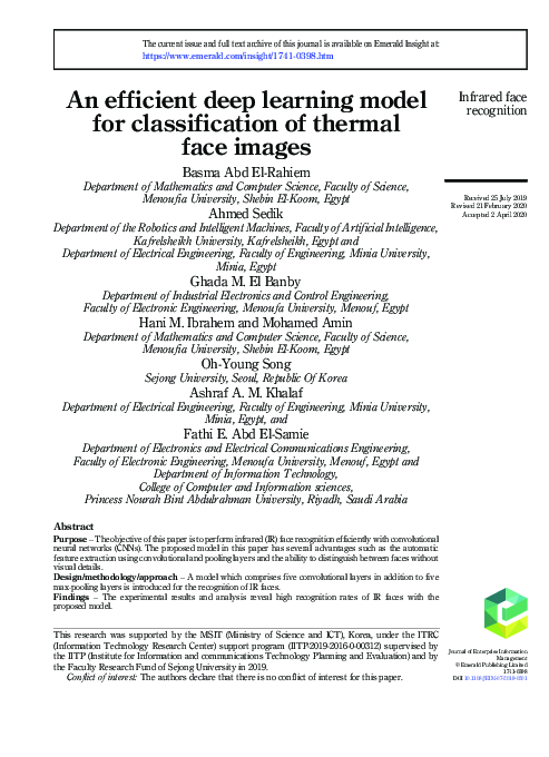 (PDF) An efficient deep learning model for classification of thermal face images