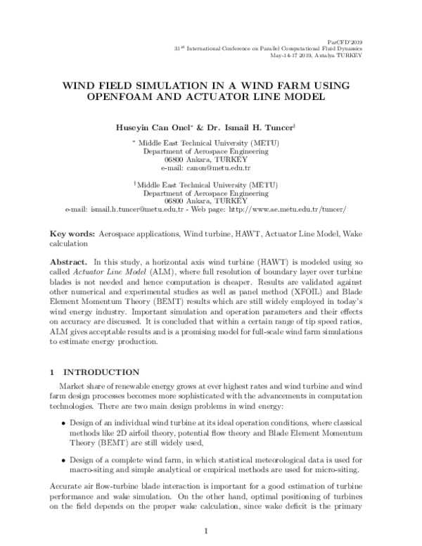 Pdf Wind Field Simulation In A Wind Farm Using Openfoam And Actuator Line Model 