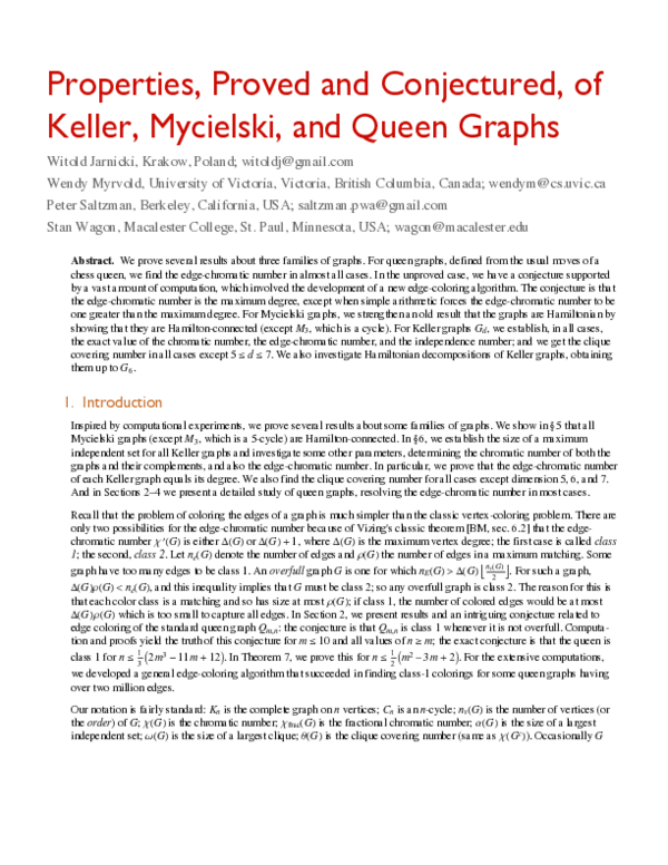 (PDF) Properties, proved and conjectured, of Keller, Mycielski, and ...