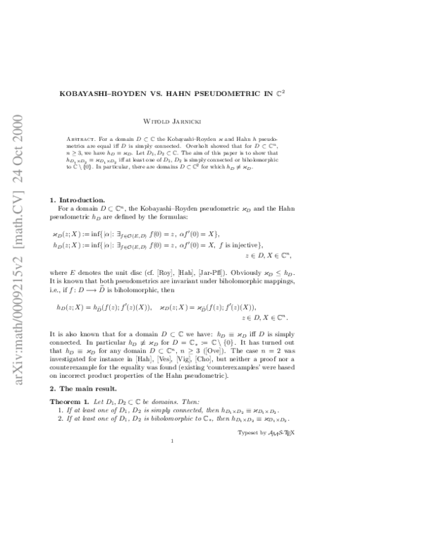 (PDF) Kobayashi-Royden vs. Hahn pseudometric in ${\Bbb C}^2$ | Witold ...