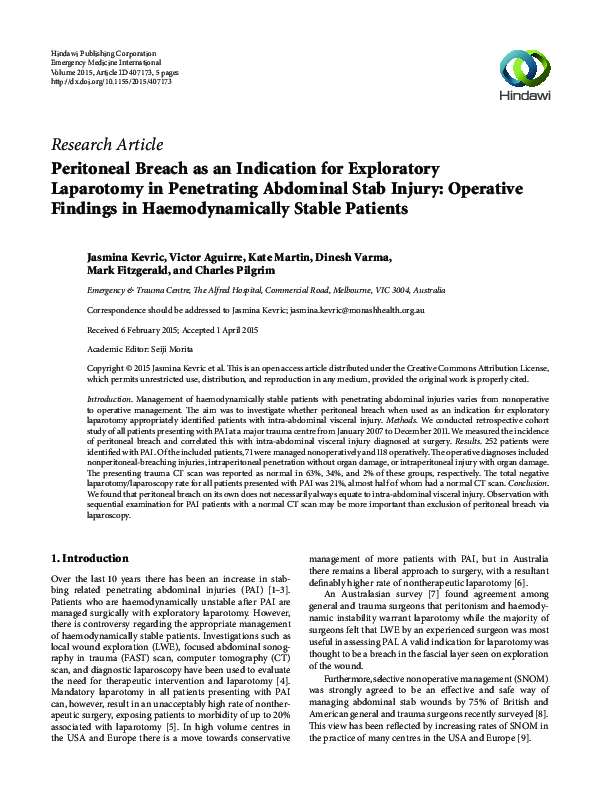 (PDF) Peritoneal Breach as an Indication for Exploratory Laparotomy in ...