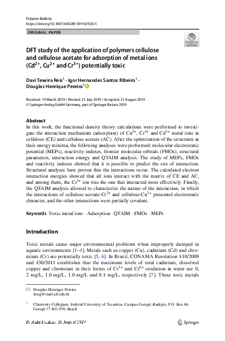 (PDF) DFT study of the application of polymers cellulose and cellulose acetate for adsorption of ...