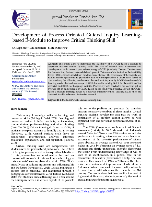 (PDF) Development of Process Oriented Guided Inquiry Learning-based E-Module to Improve Critical ...