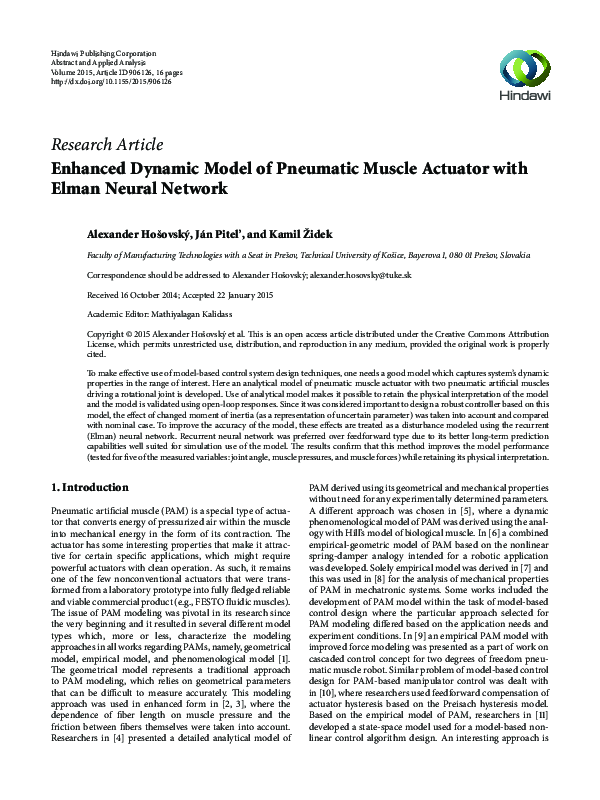 Pdf Enhanced Dynamic Model Of Pneumatic Muscle Actuator With Elman
