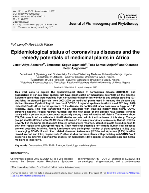 (PDF) Epidemiological status of coronavirus diseases and the remedy ...