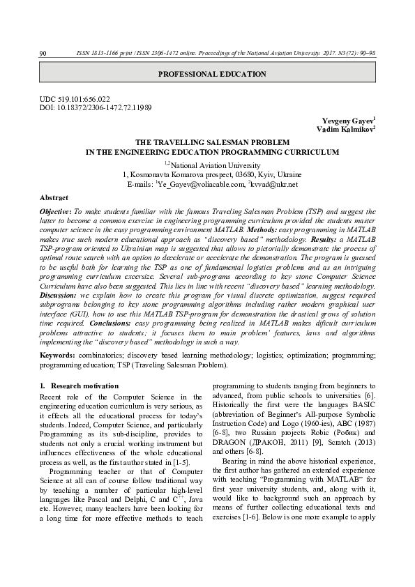 (PDF) THE TRAVELLING SALESMAN PROBLEM IN THE ENGINEERING EDUCATION PROGRAMMING CURRICULUM