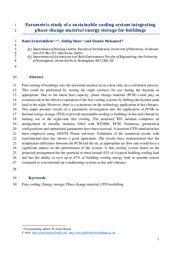 (PDF) Parametric study of a sustainable cooling system integrating phase change material energy ...