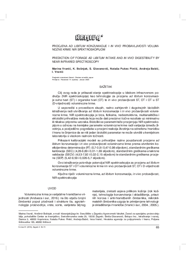 (PDF) Procjena ad libitum konzumacije i in vivo probavljivosti voluminozne krme NIR spektroskopijom