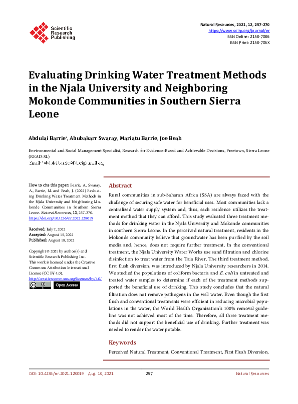 (PDF) Evaluating Drinking Water Treatment Methods in the Njala ...