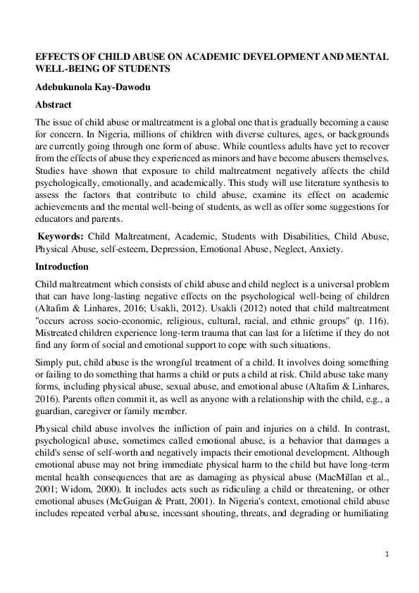 (PDF) EFFECTS OF CHILD ABUSE ON ACADEMIC DEVELOPMENT AND MENTAL WELL ...