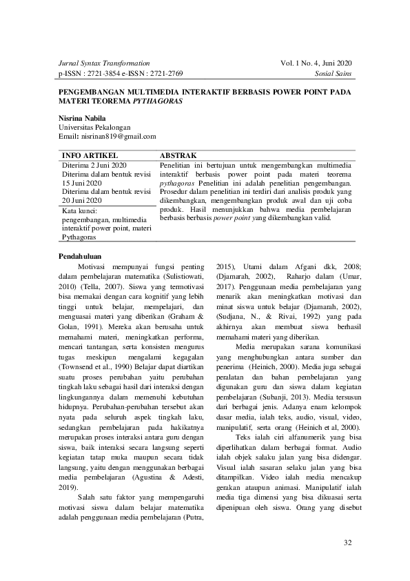 (PDF) Pengembangan Multimedia Interaktif Berbasis Power Point Pada Materi Teorema Pythagoras