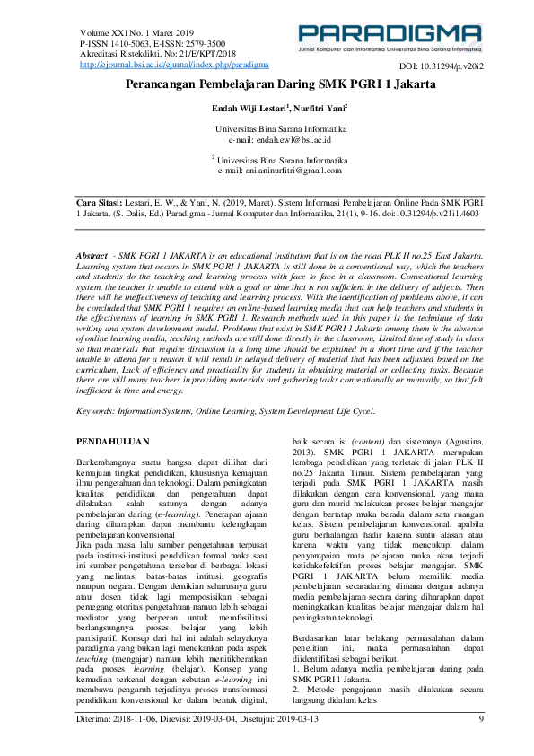 (PDF) Sistem Informasi Pembelajaran Online Pada SMK PGRI 1 Jakarta