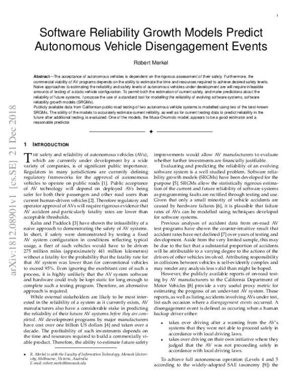 (PDF) Software Reliability Growth Models Predict Autonomous Vehicle Disengagement Events ...