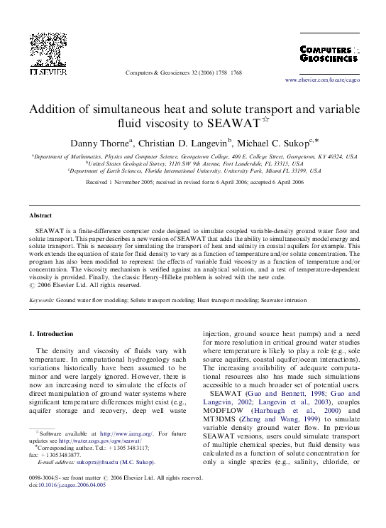 (PDF) Addition of simultaneous heat and solute transport and variable fluid viscosity to SEAWAT