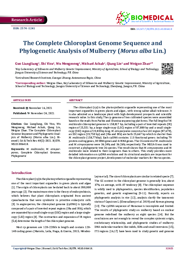 (PDF) The Complete Chloroplast Genome Sequence and Phylogenetic Analysis of Mulberry (Morus alba ...